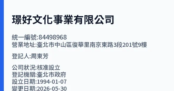 璟好文化事業有限公司的照片-統編 84498968(臺北市) 公司登記資料與營業項目詳細圖表
