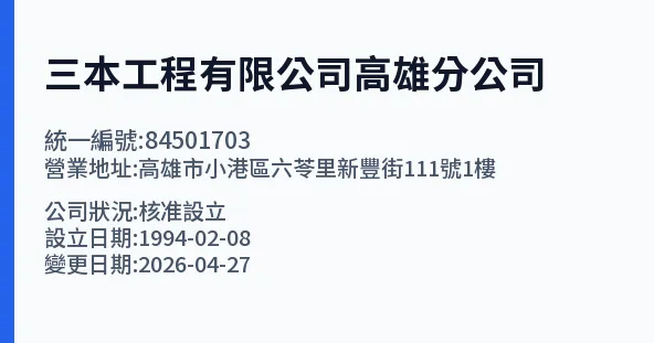 三本工程有限公司高雄分公司的照片-統編 84501703(高雄市) 公司登記資料與營業項目詳細圖表