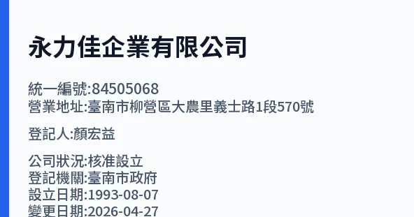 永力佳企業有限公司的照片-統編 84505068(臺南市) 公司登記資料與營業項目詳細圖表