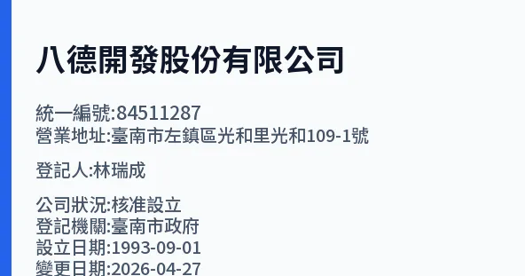 八德開發股份有限公司的照片-統編 84511287(臺南市) 公司登記資料與營業項目詳細圖表