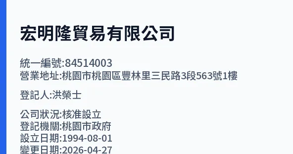 宏明隆貿易有限公司的照片-統編 84514003(桃園市) 公司登記資料與營業項目詳細圖表