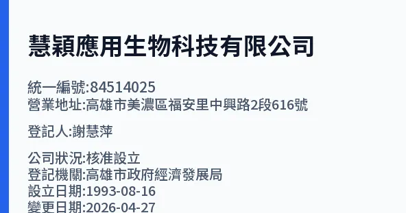 慧穎應用生物科技有限公司的照片-統編 84514025(高雄市) 公司登記資料與營業項目詳細圖表