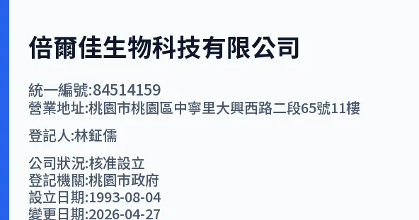 倍爾佳生物科技有限公司的照片-統編 84514159(桃園市) 公司登記資料與營業項目詳細圖表