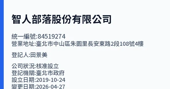 智人部落股份有限公司的照片-統編 84519274(臺北市) 公司登記資料與營業項目詳細圖表