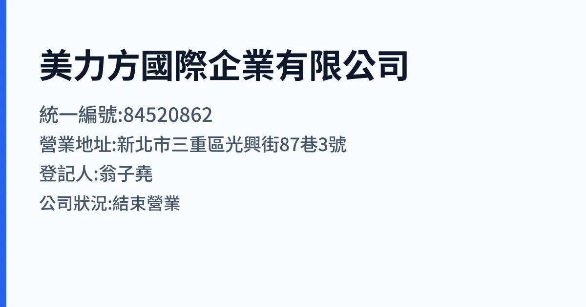 美力方國際企業有限公司 - 統編 84520862(新北市) 公司登記資料與營業項目詳細圖表