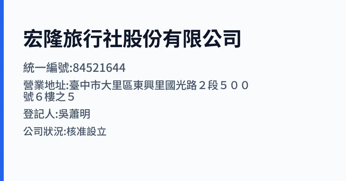 宏隆旅行社股份有限公司 - 統編 84521644(臺中市) 公司登記資料與營業項目詳細圖表