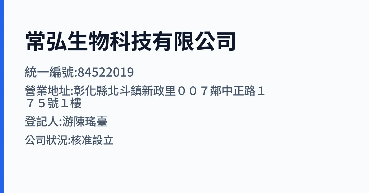 常弘生物科技有限公司 - 統編 84522019(彰化縣) 公司登記資料與營業項目詳細圖表