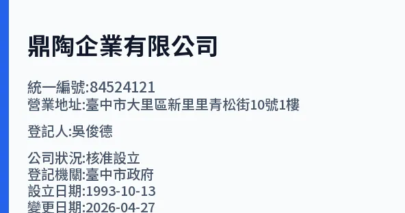 鼎陶企業有限公司的照片-統編 84524121(臺中市) 公司登記資料與營業項目詳細圖表