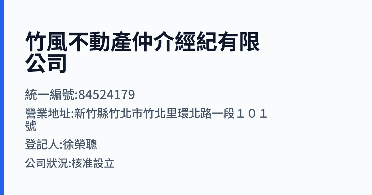 竹風不動產仲介經紀有限公司 - 統編 84524179(新竹縣) 公司登記資料與營業項目詳細圖表