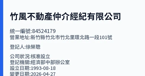竹風不動產仲介經紀有限公司的照片-統編 84524179(新竹縣) 公司登記資料與營業項目詳細圖表