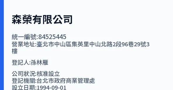 森榮有限公司的照片-統編 84525445(臺北市) 公司登記資料與營業項目詳細圖表