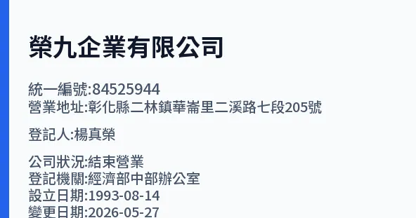 榮九企業有限公司的照片-統編 84525944(彰化縣) 公司登記資料與營業項目詳細圖表