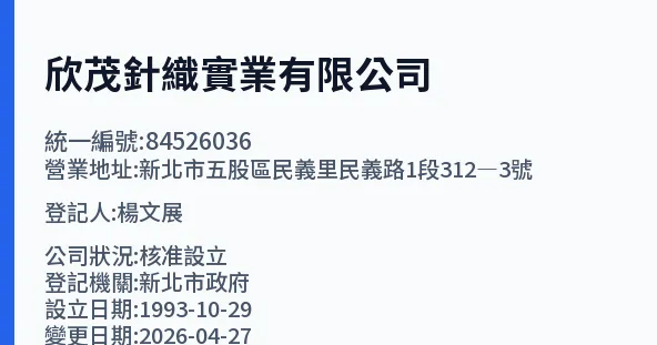 欣茂針織實業有限公司的照片-統編 84526036(新北市) 公司登記資料與營業項目詳細圖表