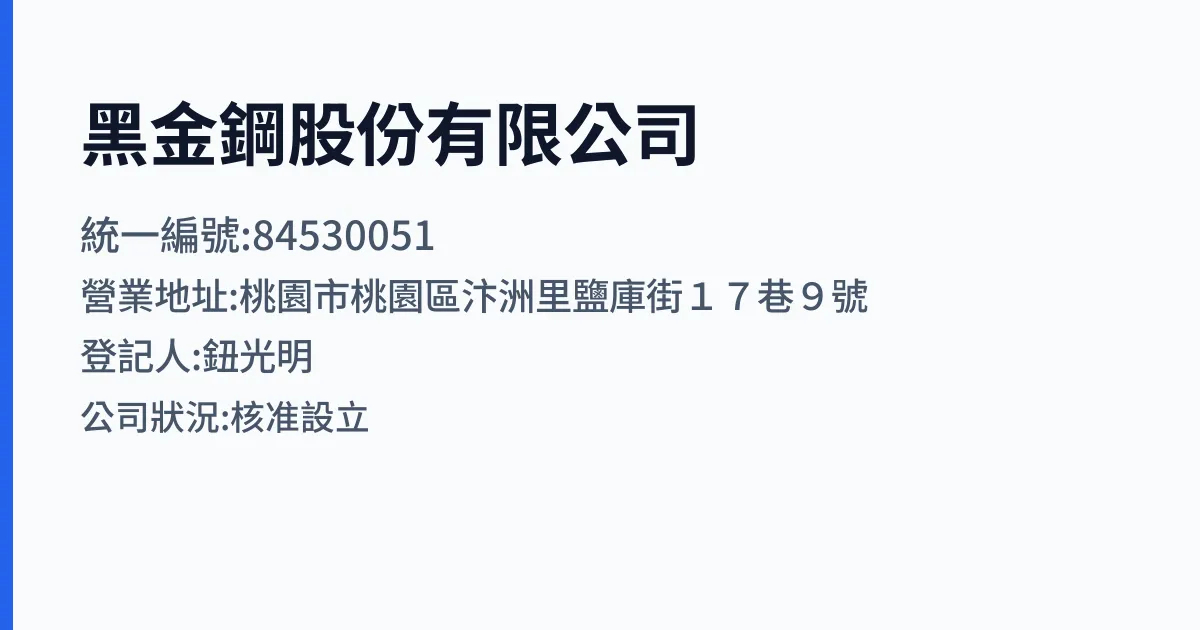 黑金鋼股份有限公司 - 統編 84530051(桃園市) 公司登記資料與營業項目詳細圖表