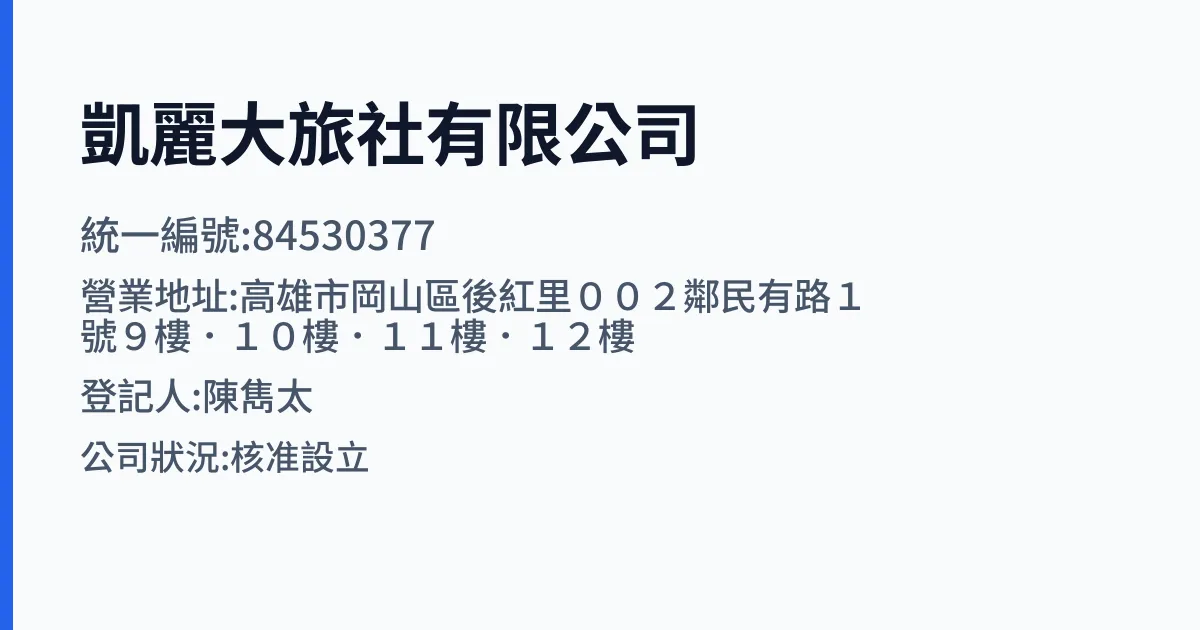 凱麗大旅社有限公司 - 統編 84530377(高雄市) 公司登記資料與營業項目詳細圖表