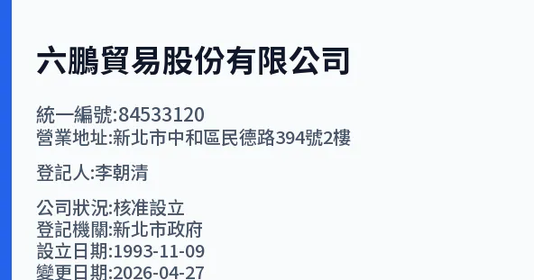 六鵬貿易股份有限公司的照片-統編 84533120(新北市) 公司登記資料與營業項目詳細圖表