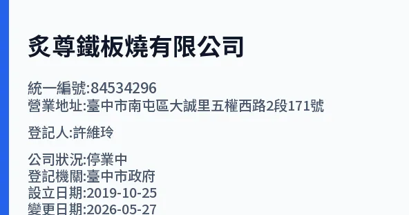 炙尊鐵板燒有限公司的照片-統編 84534296(臺中市) 公司登記資料與營業項目詳細圖表
