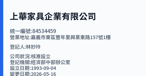 上華家具企業有限公司的照片-統編 84534459(嘉義市) 公司登記資料與營業項目詳細圖表