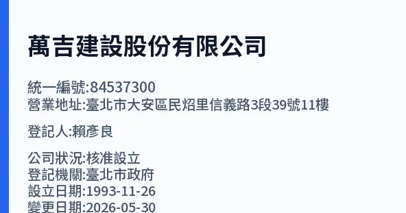 萬吉建設股份有限公司的照片-統編 84537300(臺北市) 公司登記資料與營業項目詳細圖表