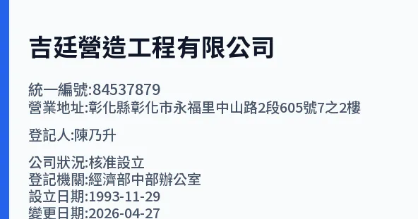 吉廷營造工程有限公司的照片-統編 84537879(彰化縣) 公司登記資料與營業項目詳細圖表