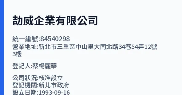 劼威企業有限公司的照片-統編 84540298(新北市) 公司登記資料與營業項目詳細圖表
