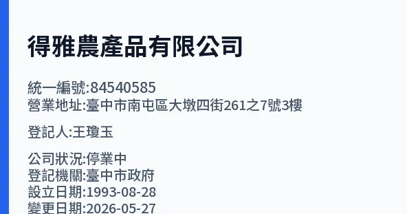 得雅農產品有限公司的照片-統編 84540585(臺中市) 公司登記資料與營業項目詳細圖表