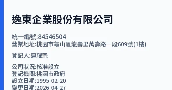 逸東企業股份有限公司的照片-統編 84546504(桃園市) 公司登記資料與營業項目詳細圖表