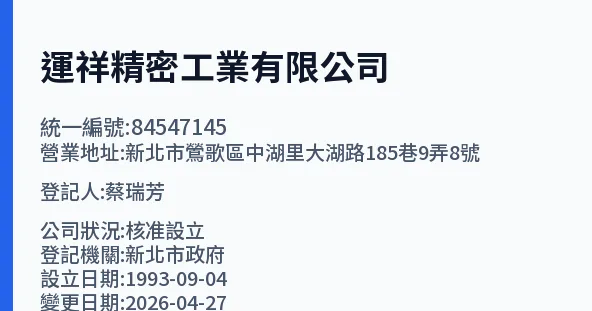 運祥精密工業有限公司的照片-統編 84547145(新北市) 公司登記資料與營業項目詳細圖表