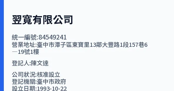翌寬有限公司的照片-統編 84549241(臺中市) 公司登記資料與營業項目詳細圖表