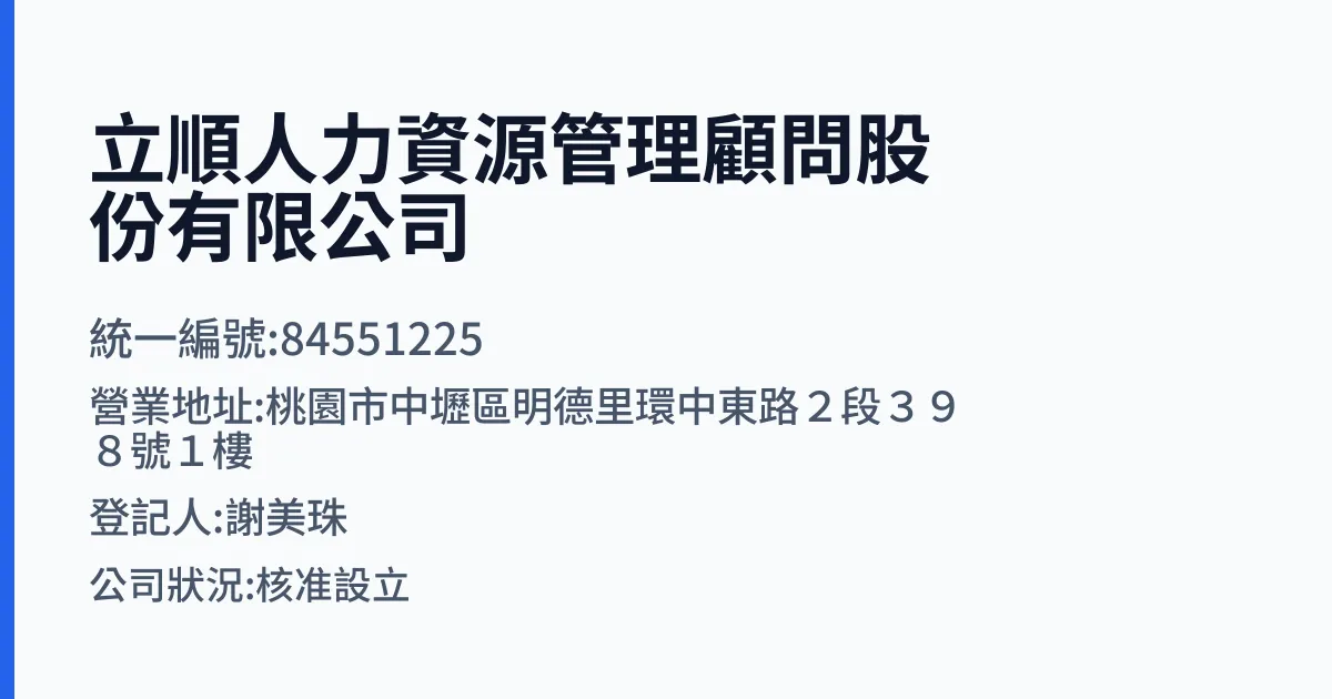 立順人力資源管理顧問股份有限公司 - 統編 84551225(桃園市) 公司登記資料與營業項目詳細圖表