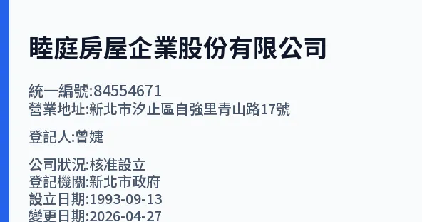 睦庭房屋企業股份有限公司的照片-統編 84554671(新北市) 公司登記資料與營業項目詳細圖表