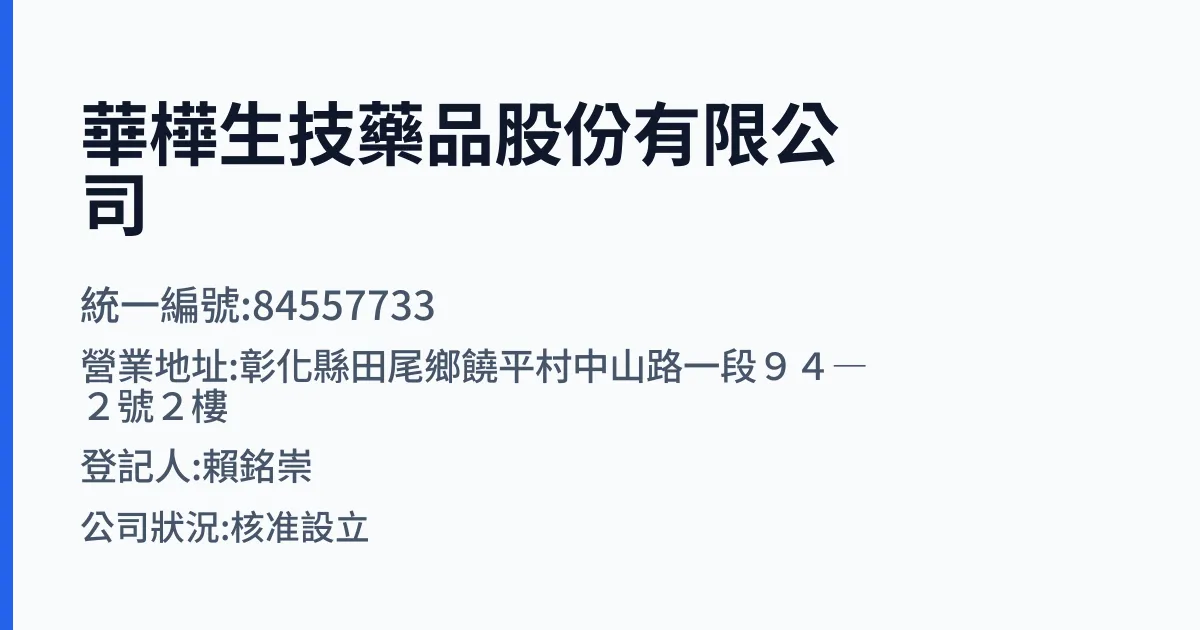 華樺生技藥品股份有限公司 - 統編 84557733(彰化縣) 公司登記資料與營業項目詳細圖表