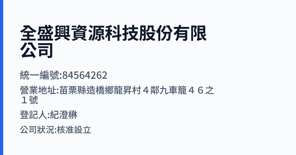 全盛興資源科技股份有限公司 - 統編 84564262(苗栗縣) 公司登記資料與營業項目詳細圖表