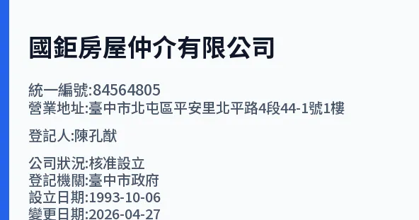 國鉅房屋仲介有限公司的照片-統編 84564805(臺中市) 公司登記資料與營業項目詳細圖表