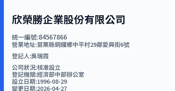 欣榮勝企業股份有限公司的照片-統編 84567866(苗栗縣) 公司登記資料與營業項目詳細圖表