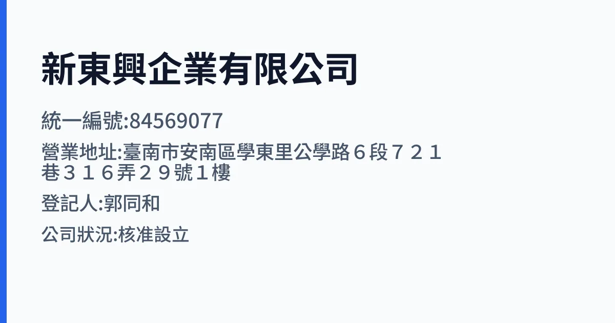 新東興企業有限公司 - 統編 84569077(臺南市) 公司登記資料與營業項目詳細圖表