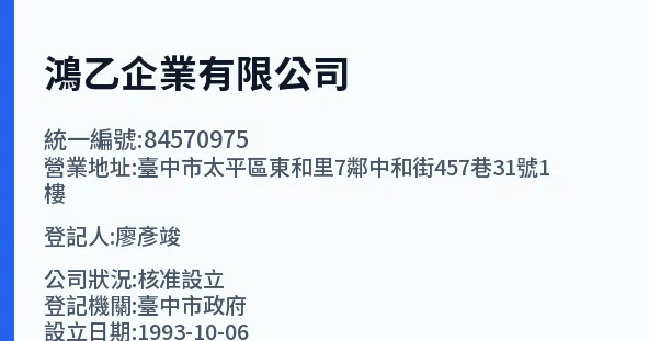鴻乙企業有限公司的照片-統編 84570975(臺中市) 公司登記資料與營業項目詳細圖表