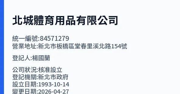 北城體育用品有限公司的照片-統編 84571279(新北市) 公司登記資料與營業項目詳細圖表