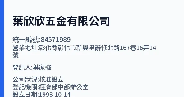 葉欣欣五金有限公司的照片-統編 84571989(彰化縣) 公司登記資料與營業項目詳細圖表