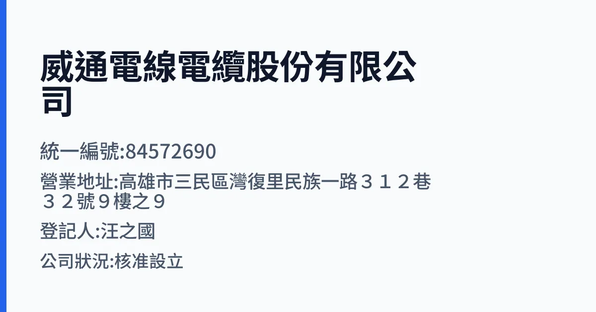 威通電線電纜股份有限公司 - 統編 84572690(高雄市) 公司登記資料與營業項目詳細圖表