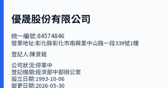 優晟股份有限公司的照片-統編 84574846(彰化縣) 公司登記資料與營業項目詳細圖表