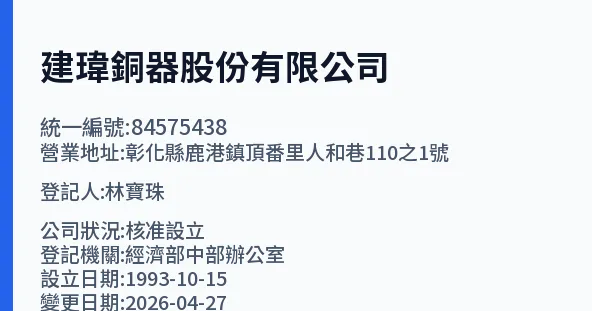 建瑋銅器股份有限公司的照片-統編 84575438(彰化縣) 公司登記資料與營業項目詳細圖表