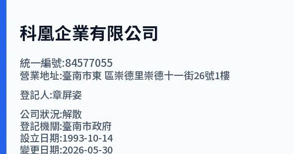 科凰企業有限公司的照片-統編 84577055(臺南市) 公司登記資料與營業項目詳細圖表