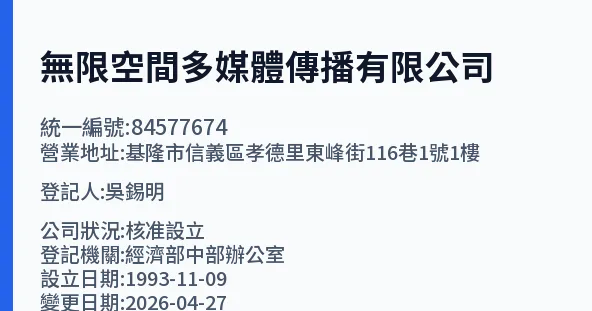 無限空間多媒體傳播有限公司的照片-統編 84577674(基隆市) 公司登記資料與營業項目詳細圖表