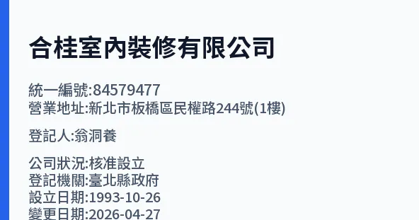 合桂室內裝修有限公司的照片-統編 84579477(新北市) 公司登記資料與營業項目詳細圖表