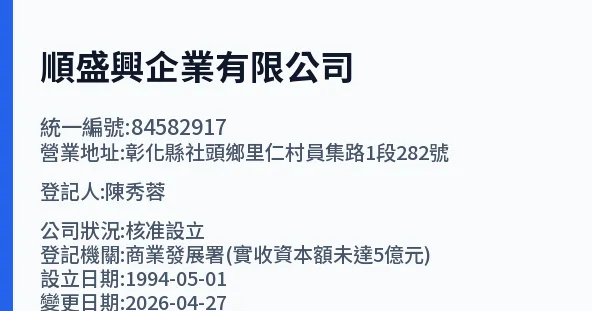 順盛興企業有限公司的照片-統編 84582917(彰化縣) 公司登記資料與營業項目詳細圖表