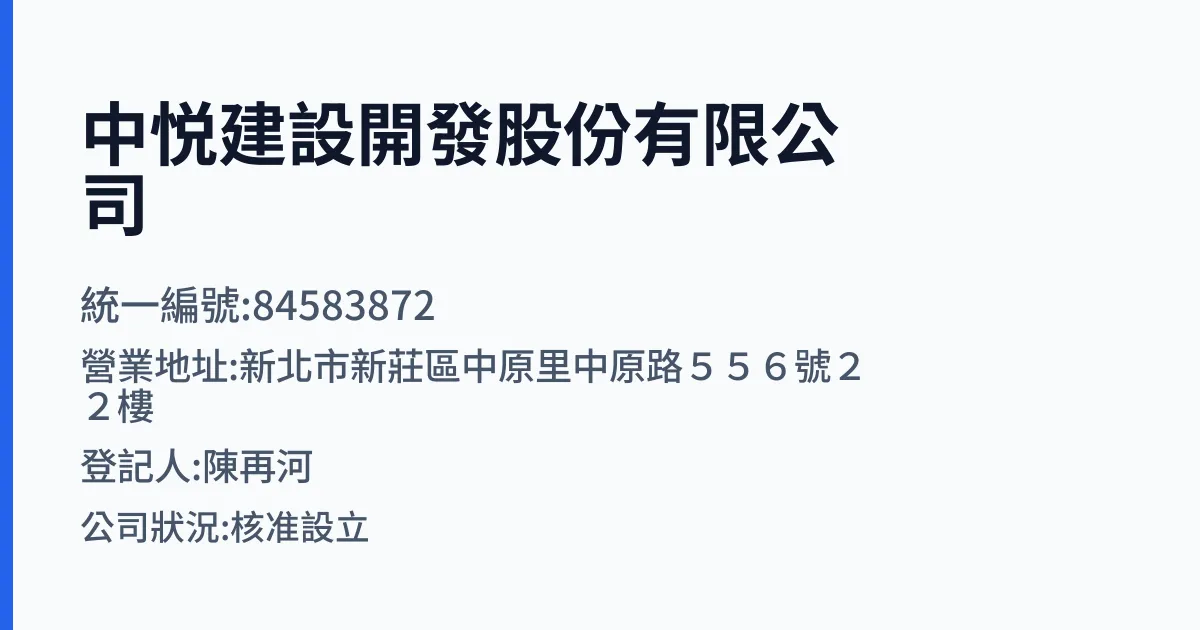 中悦建設開發股份有限公司 - 統編 84583872(新北市) 公司登記資料與營業項目詳細圖表