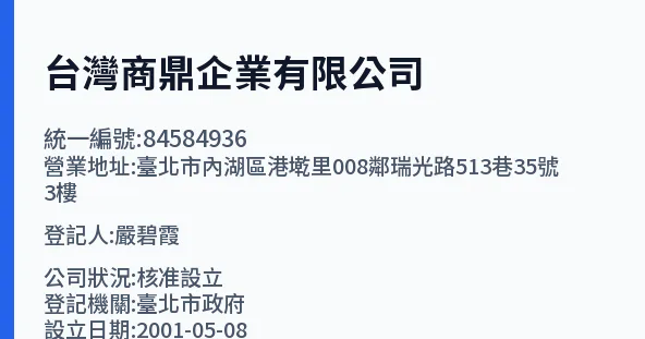 台灣商鼎企業有限公司的照片-統編 84584936(臺北市) 公司登記資料與營業項目詳細圖表