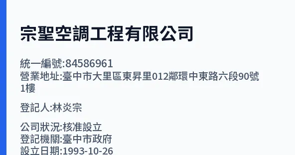 宗聖空調工程有限公司的照片-統編 84586961(臺中市) 公司登記資料與營業項目詳細圖表