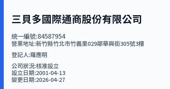 三貝多國際通商股份有限公司的照片-統編 84587954(新竹縣) 公司登記資料與營業項目詳細圖表